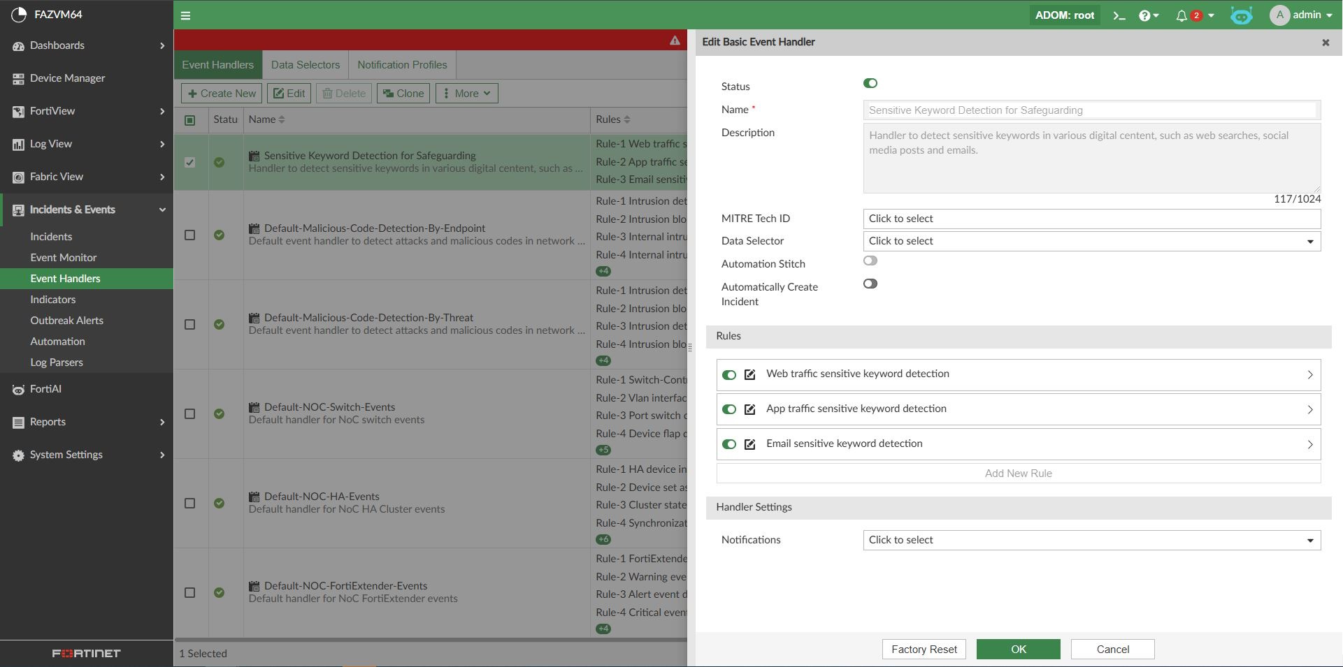 Safeguarding event handler 7.6.2 | FortiAnalyzer 7.6.0 | Fortinet Document Library